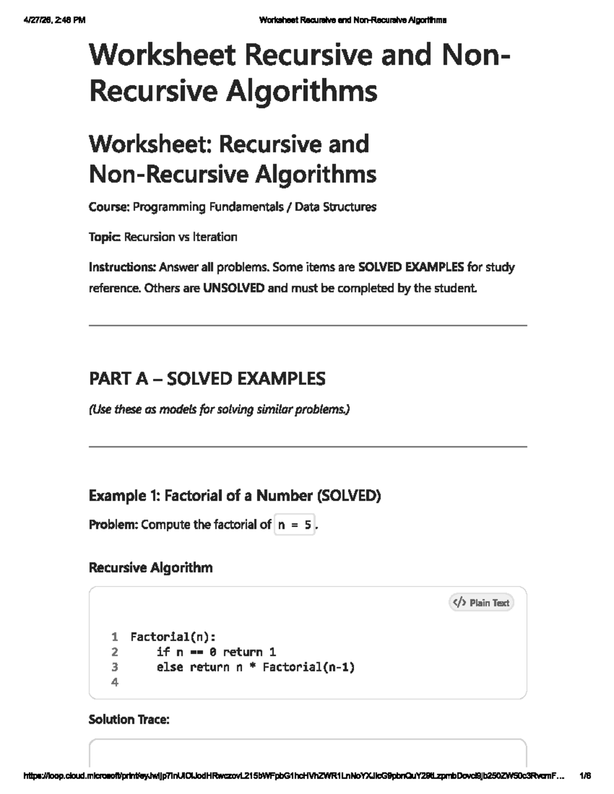 Programming Fundamentals: Recursion vs Iteration Worksheet - Studocu