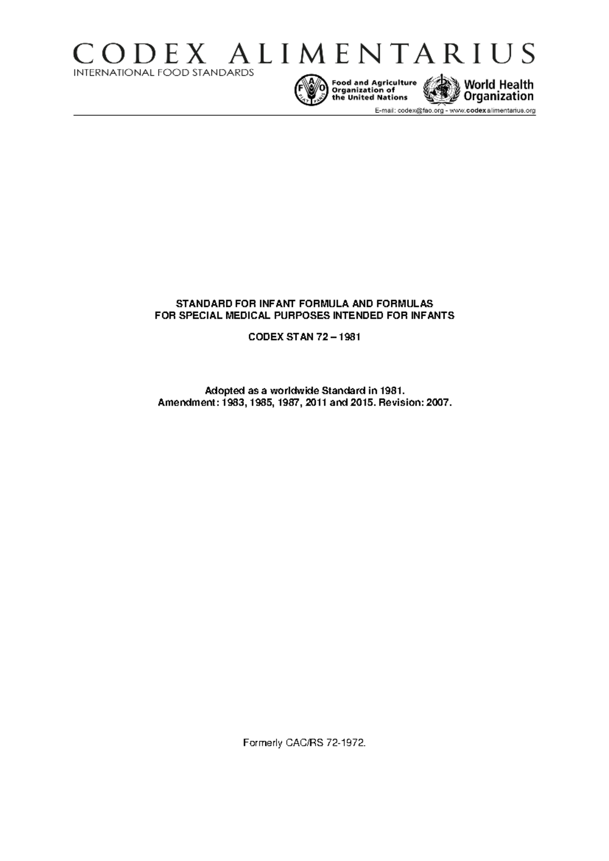 Codex Standard for Infant Formula & Special Medical Purposes (CXS 072e ...
