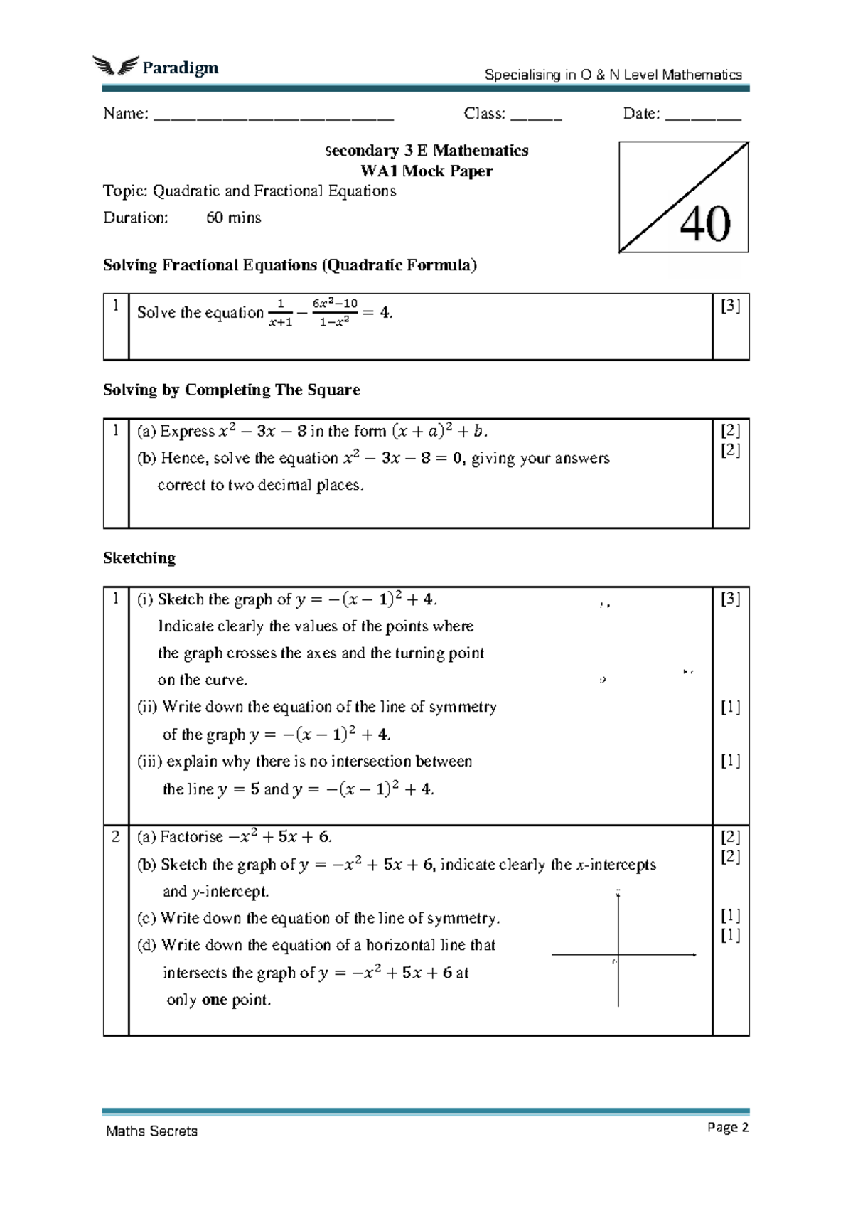 Sec 3 E Math WA1 Mock Paper: Quadratic & Fractional Equations - Studocu