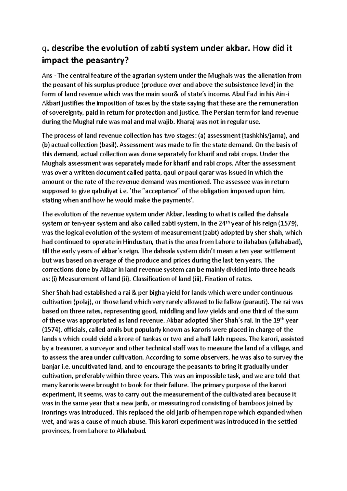 The Zabti System's Evolution Under Akbar: Effects on Peasantry - Studocu