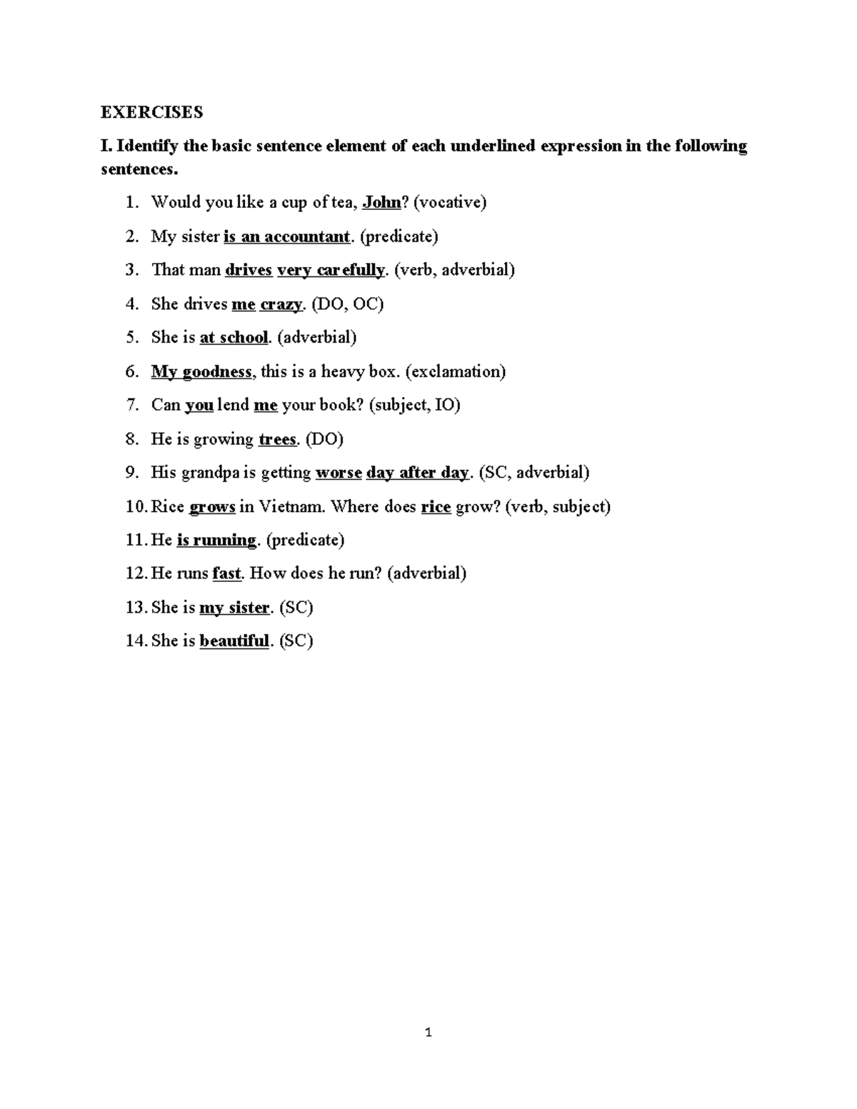 Chapter 1 exercise - EXERCISES I. Identify the basic sentence element ...
