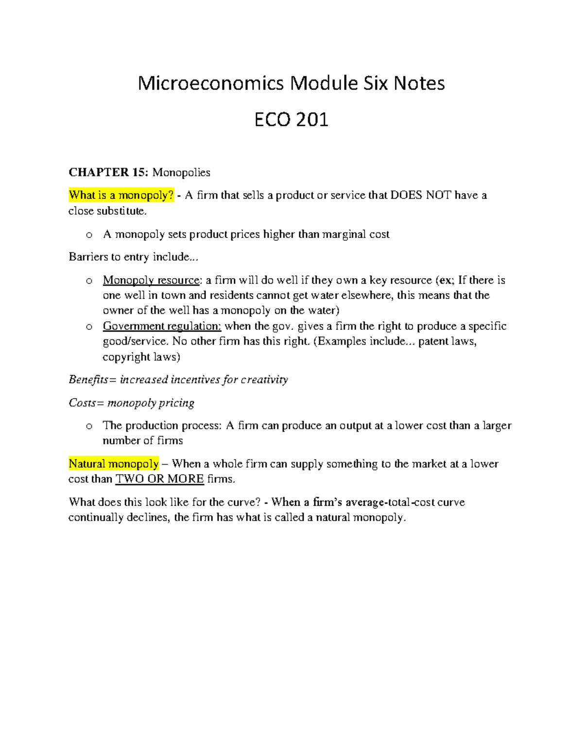 ECO 201 Module 6 - Chapter 15: Monopolies Overview and Analysis - Studocu
