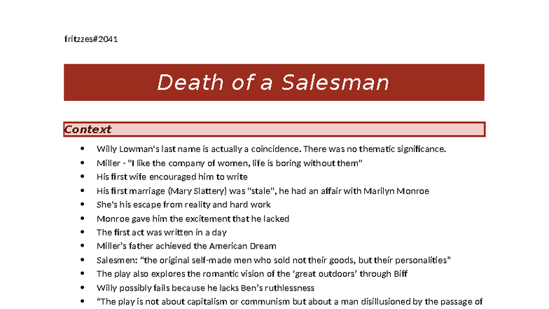 Death of a Salesman (ENG 101) - Comprehensive Study Notes - Studocu