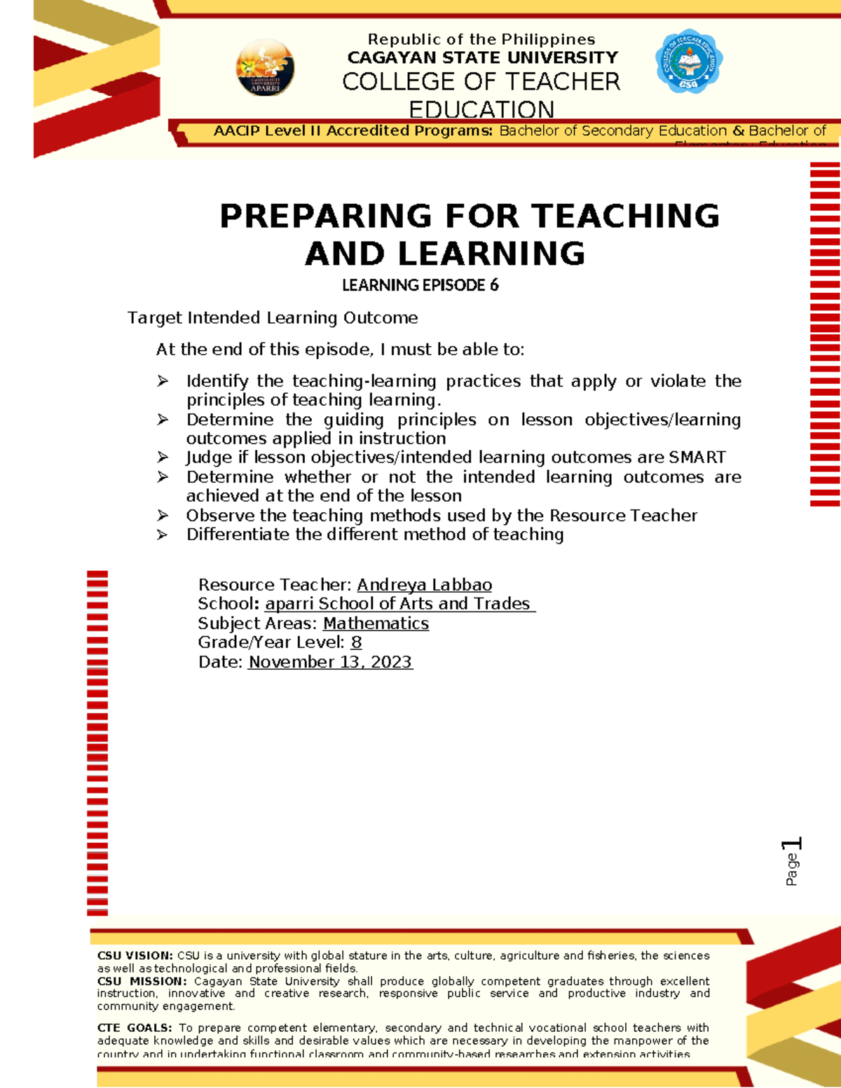 preparing for teaching and learning - AACIP Level II Accredited ...