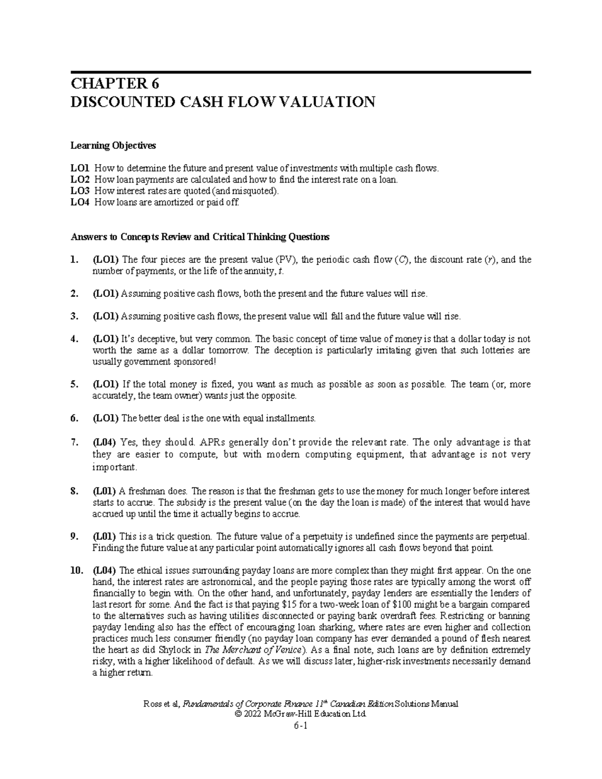 Ross FCF 11ce SM ch06 - Chapitre 6 exercices récapitulatifs - CHAPTER 6 DISCOUNTED CASH FLOW ...