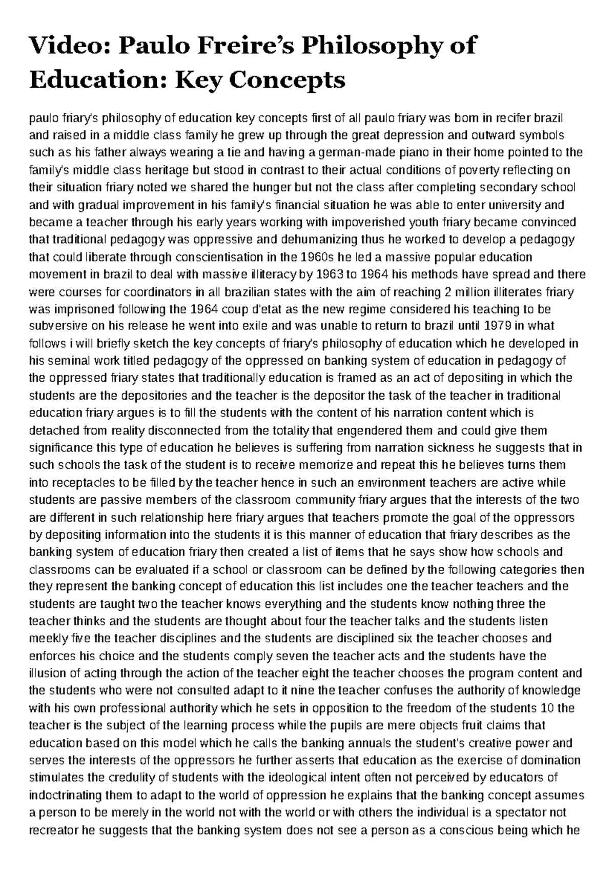 Paulo Freire's Philosophy of Education: Key Concepts Explained - Studocu