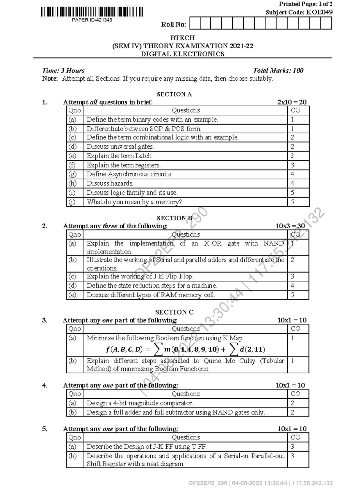 Digital Electronics Theory Exam KOE049 - BTECH SEM IV - Studocu