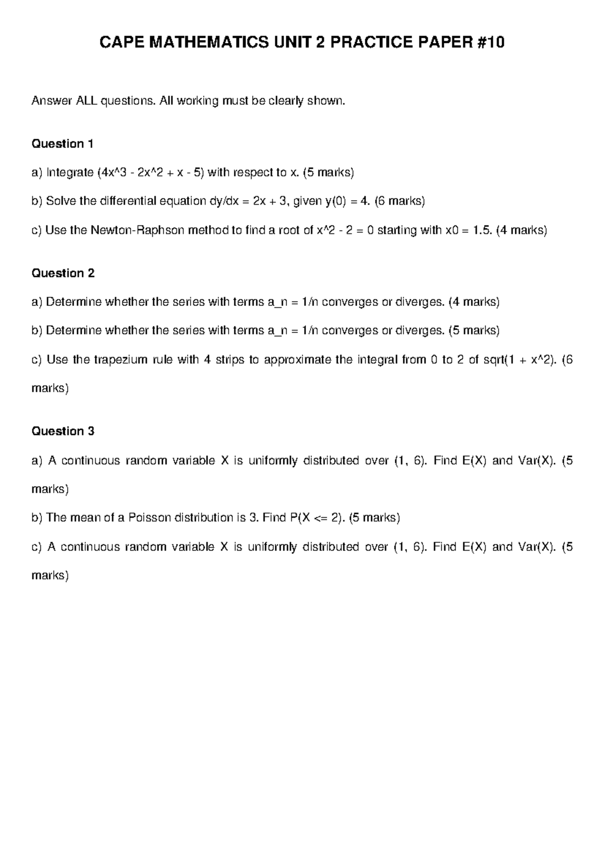 CAPE MATHEMATICS UNIT 2 PRACTICE PAPER - Comprehensive Solutions - Studocu