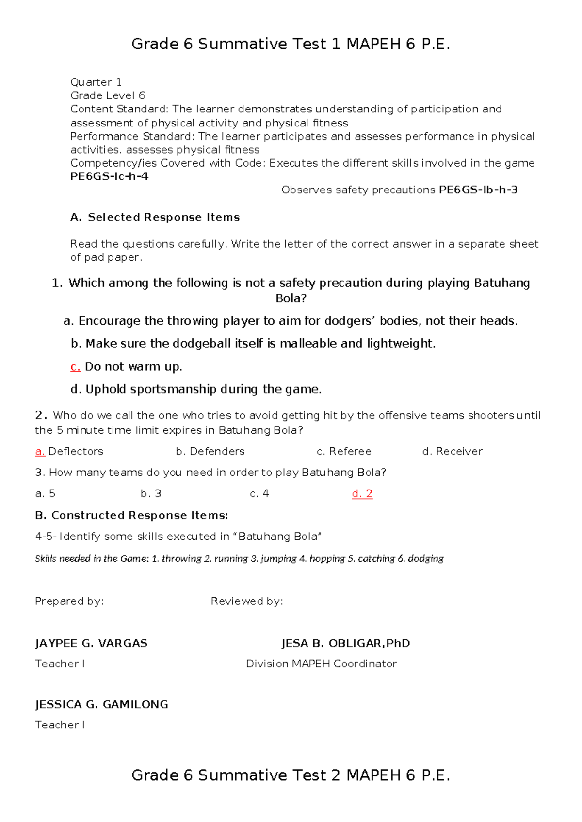 Grade 6 Summative Test 1-3 MAPEH 6 P.E. - Quarter 1 Assessment - Studocu
