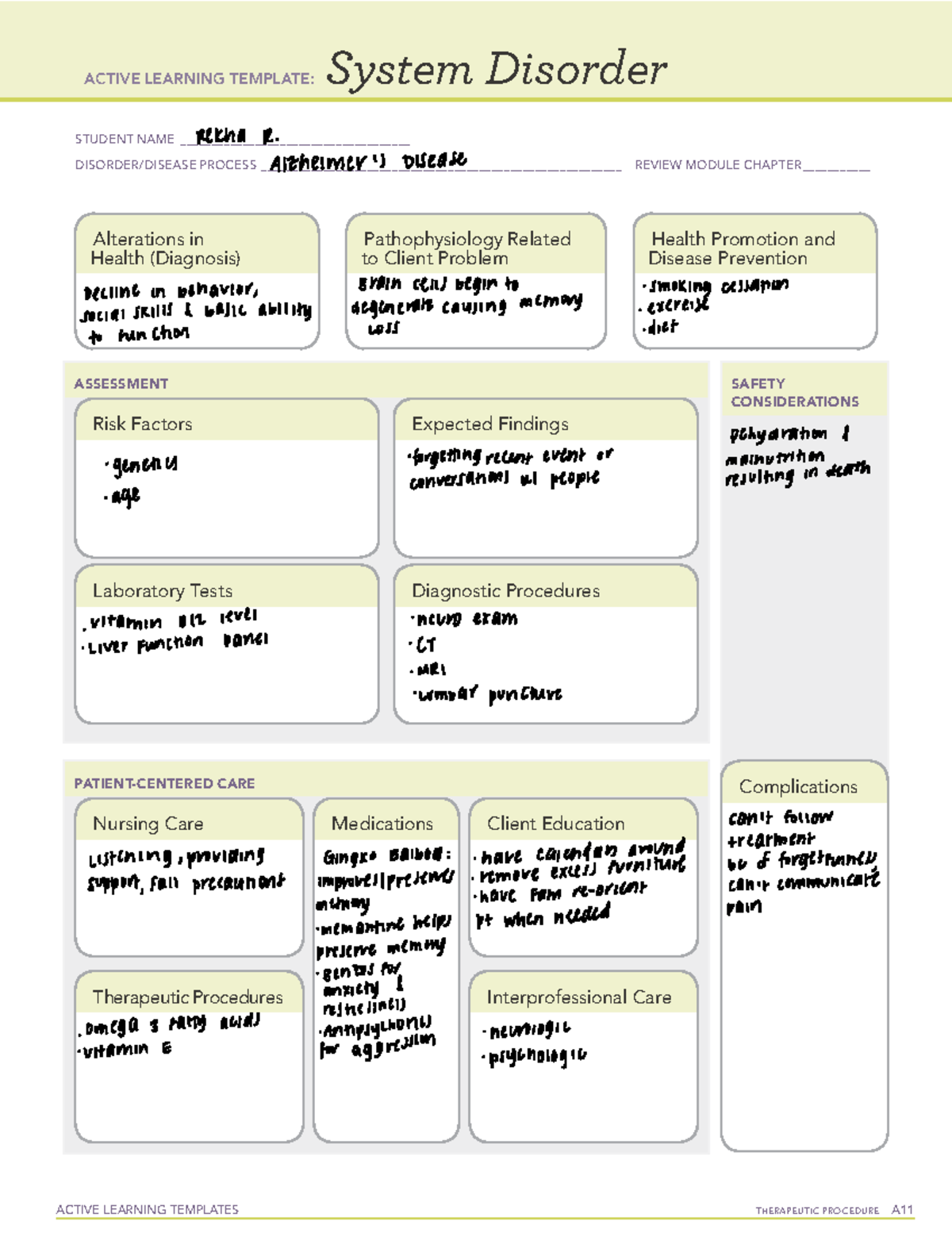 Alzheimer’s Disease Active Learning Template ATI - ACTIVE LEARNING ...