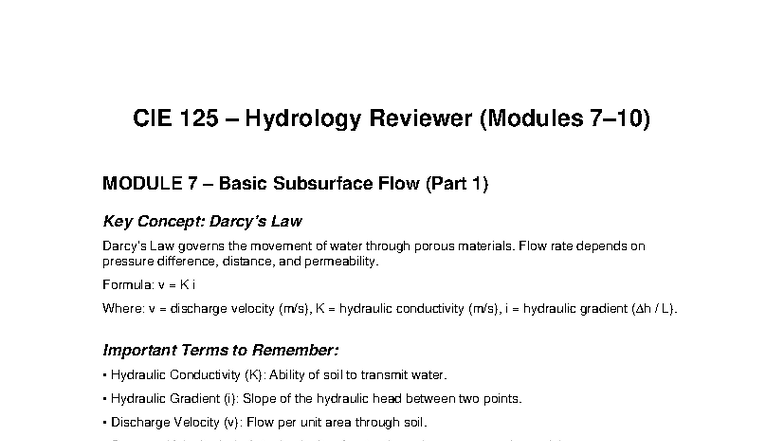 CIE 125 Hydrology Modules 7-10 Reviewer: Subsurface Flow Concepts - Studocu