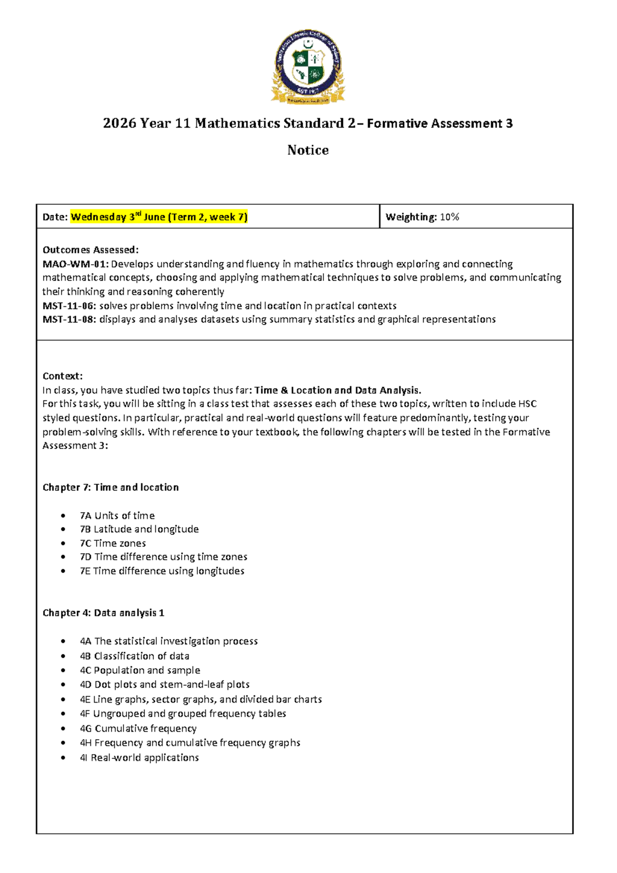 Year 11 Mathematics Standard Formative Assessment 3 - June 2026 - Studocu