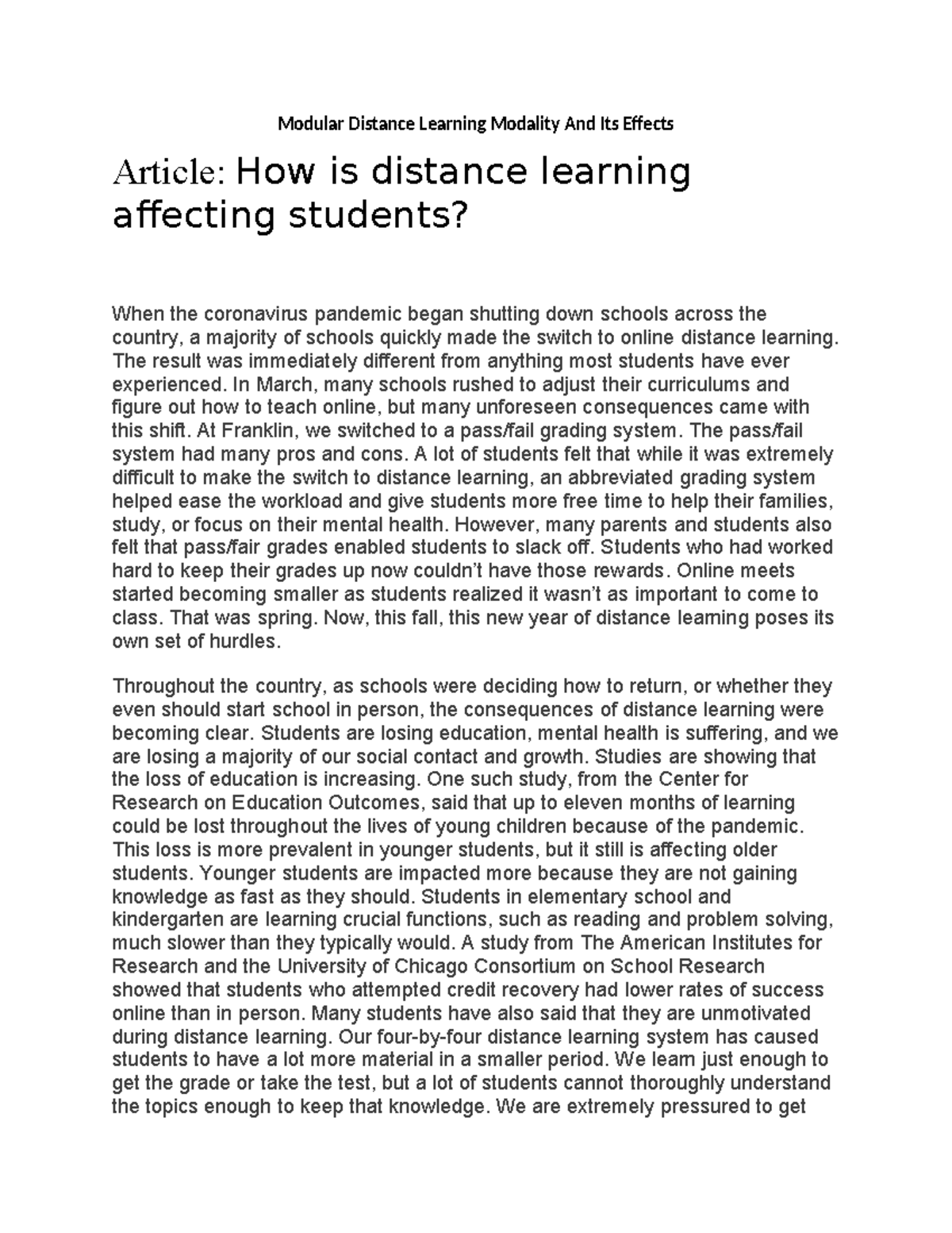 Modular Distance Learning Modality And Its Effects - The result was ...