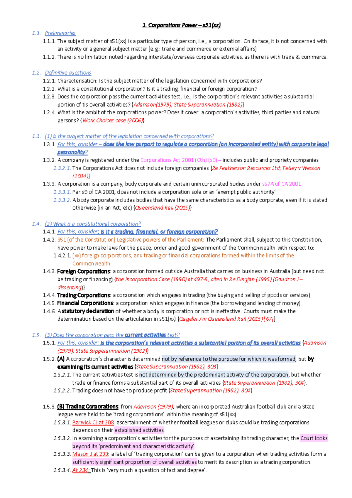 Corps Power s51(xx) - Federal Constitution Notes - Studocu
