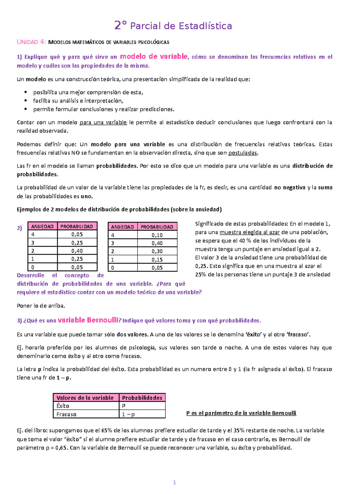 2° Parcial - Estadística: Modelos Matemáticos de Variables Psicológicas ...