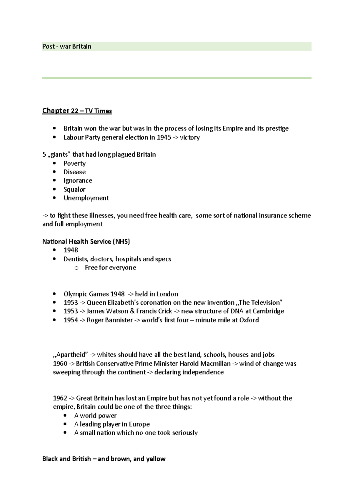 Post-War Britain (Chapter 22-23) - Key Events & Changes Summary - Studocu