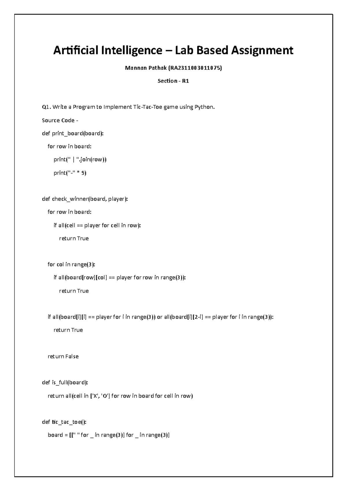 AI Tutorial 1 Answers - Ar#ficial Intelligence – Lab Based Assignment ...