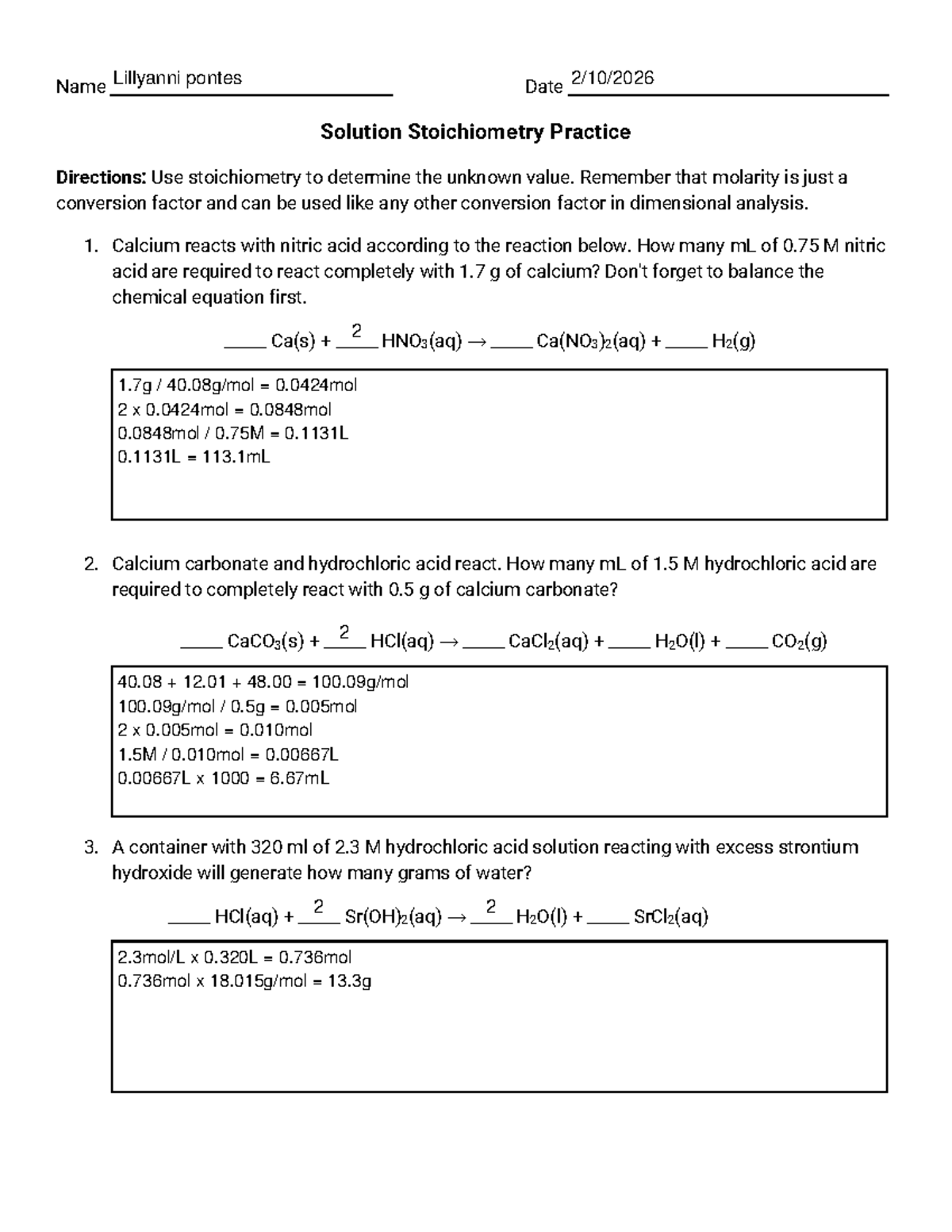 Solution to Stoichiometry Practice Problems (Chem 101) - Studocu