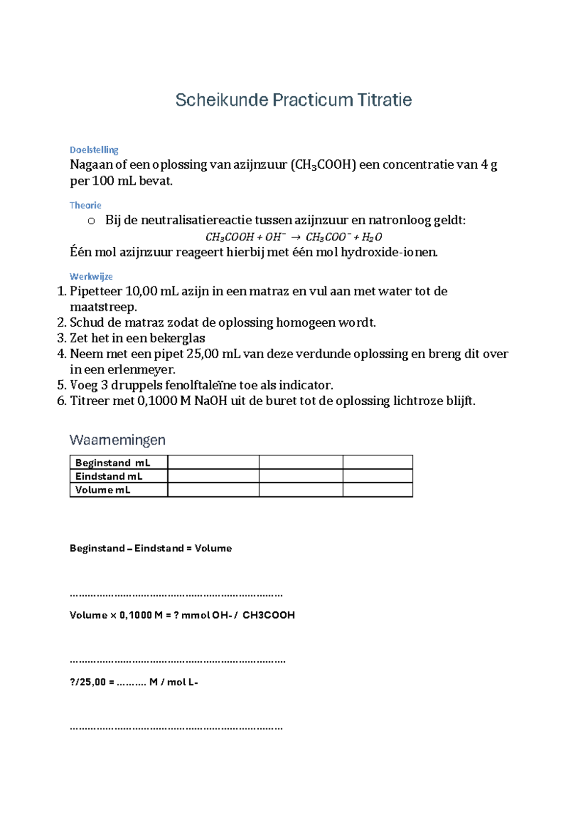 Scheikunde Practicum: Titratie van Azijnzuur (CH₃COOH) - Studeersnel