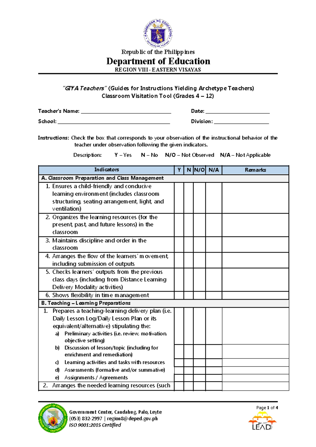 Giya Teachers: Instructional Guides for Classroom Visitation Tool - Studocu