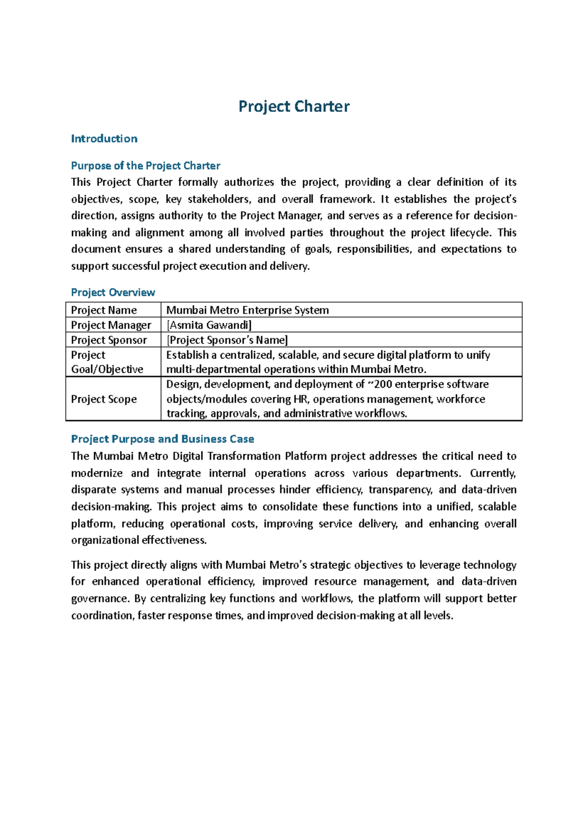 Mumbai Metro Digital Transformation Project Charter (Final) - Studocu