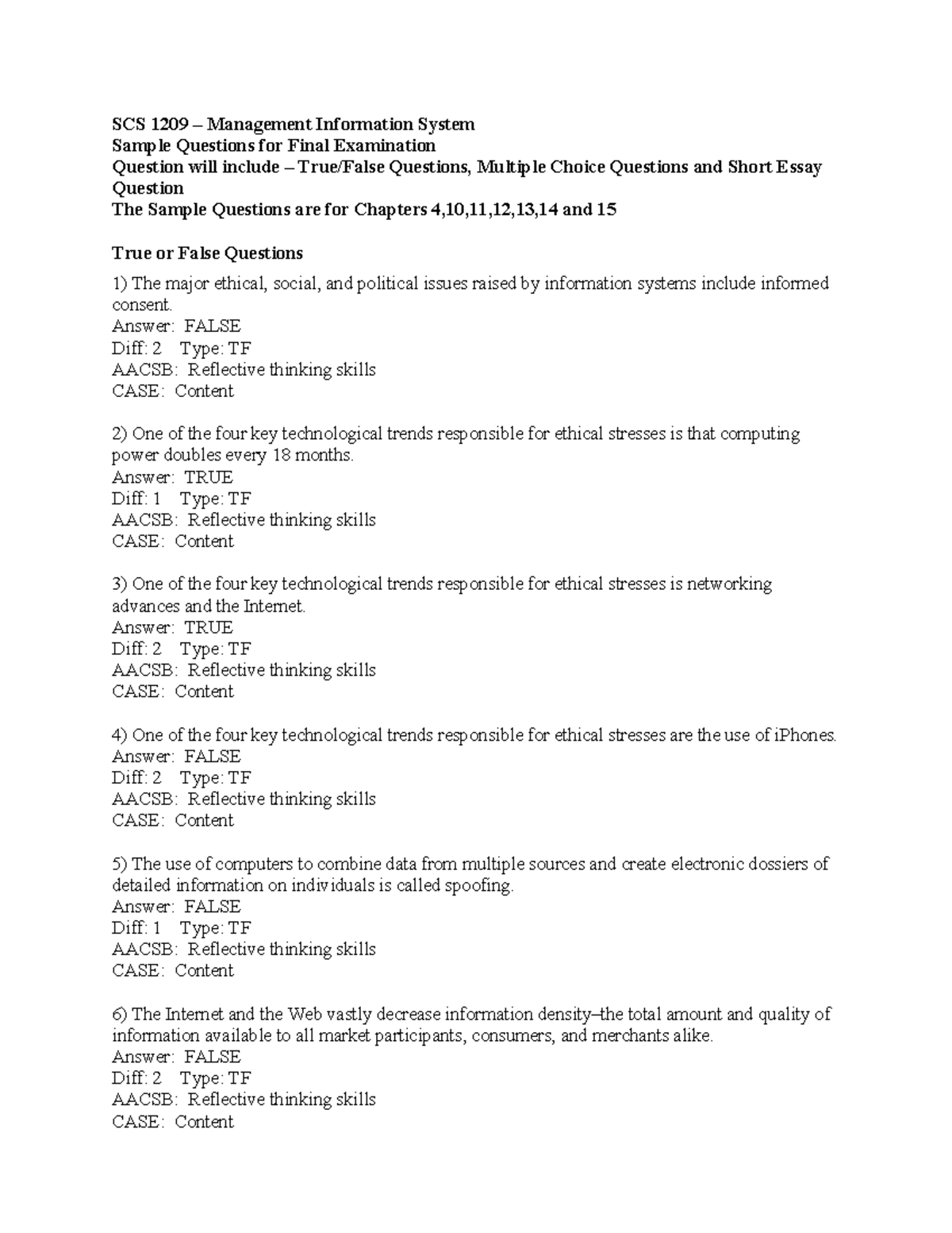 MIS 1209 Final Exam Sample Qs: True/False, MC & Short Essay - Studocu