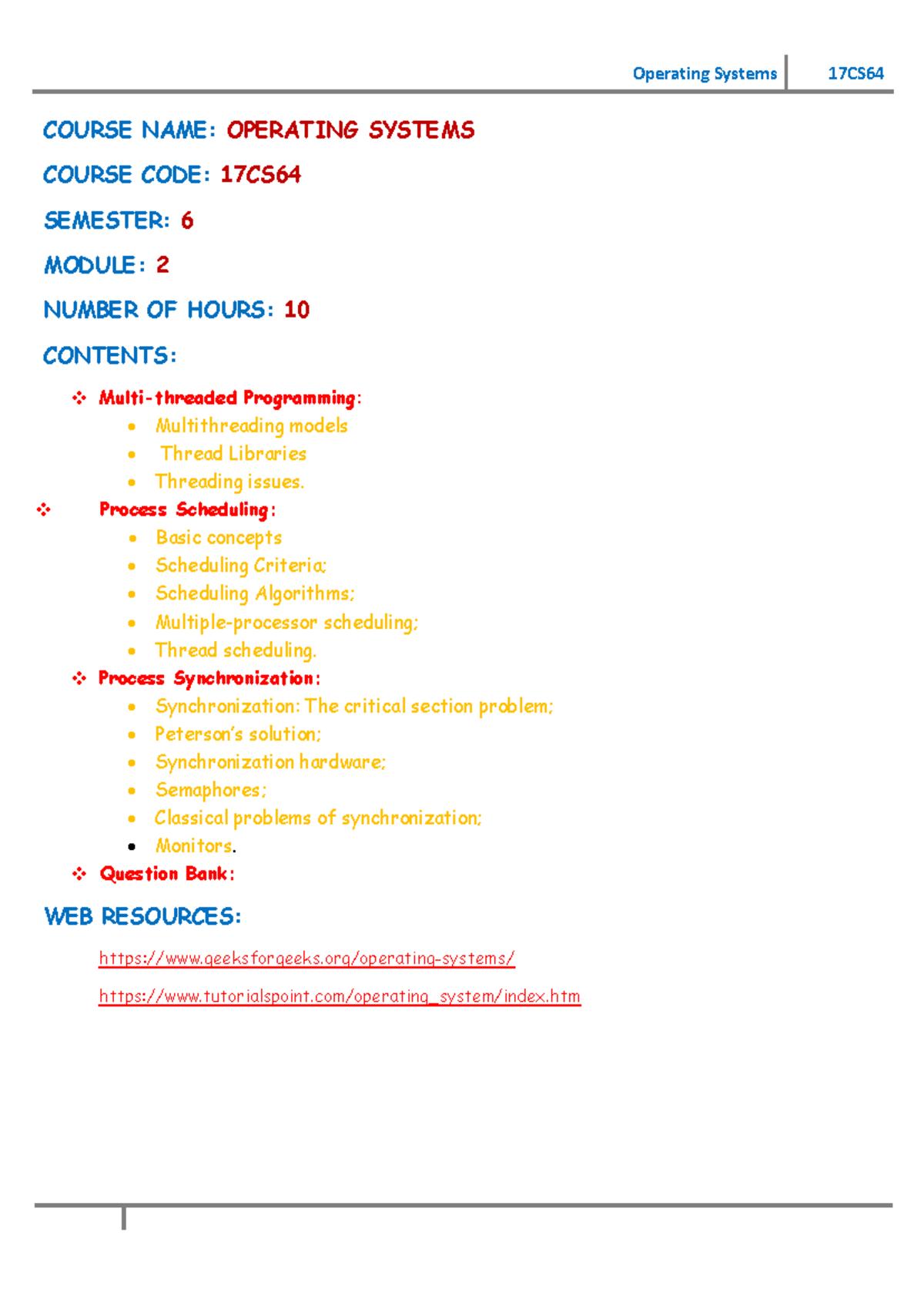 Operating Systems - 17CS Module 2: Multithreaded Programming & Process ...