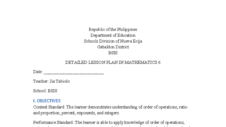 DLP Math 6: Comparing Integers and Other Numbers Lesson Plan - Studocu
