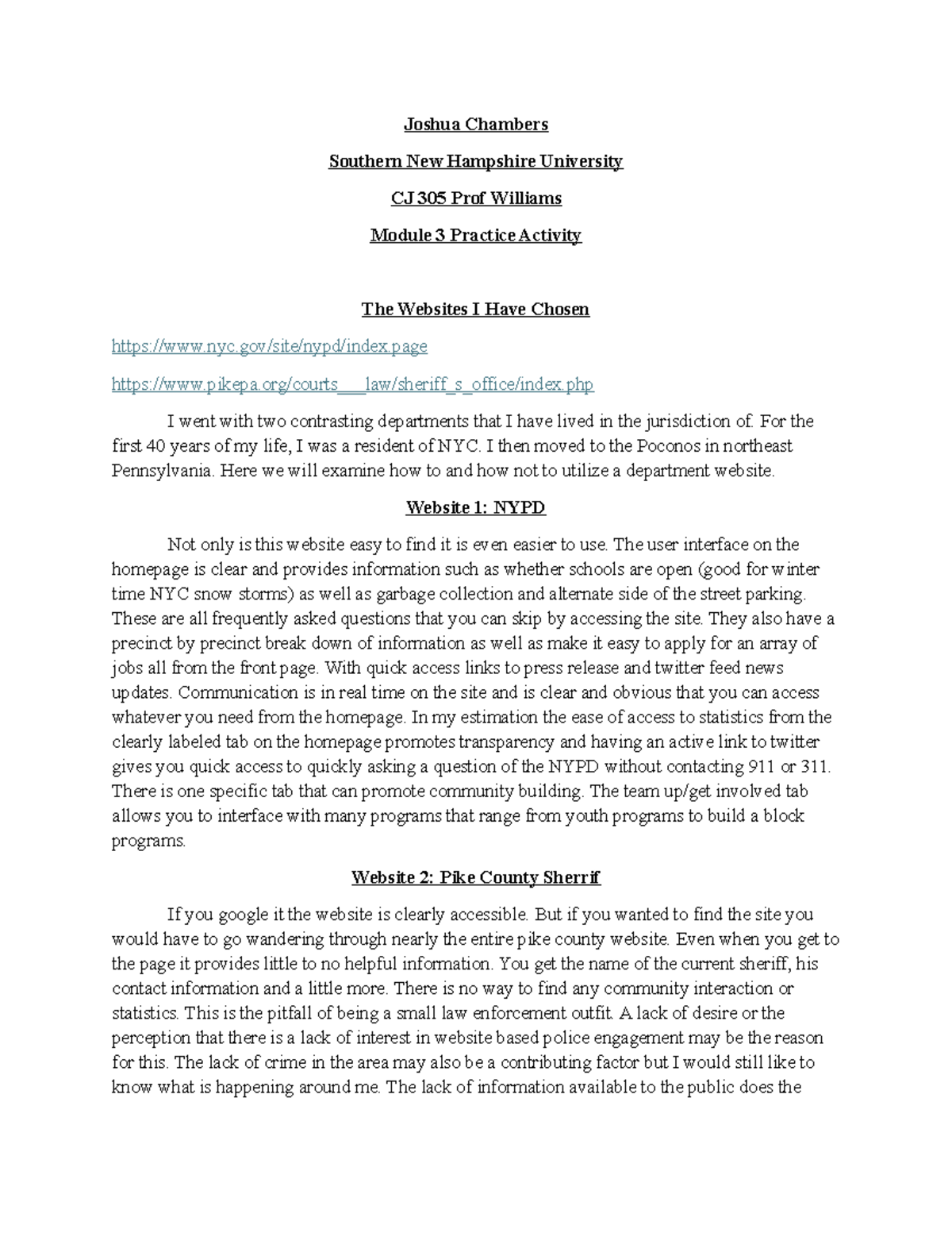 CJ 305 Module 3 Practice Activity: Comparing NYPD & Pike Sheriff ...