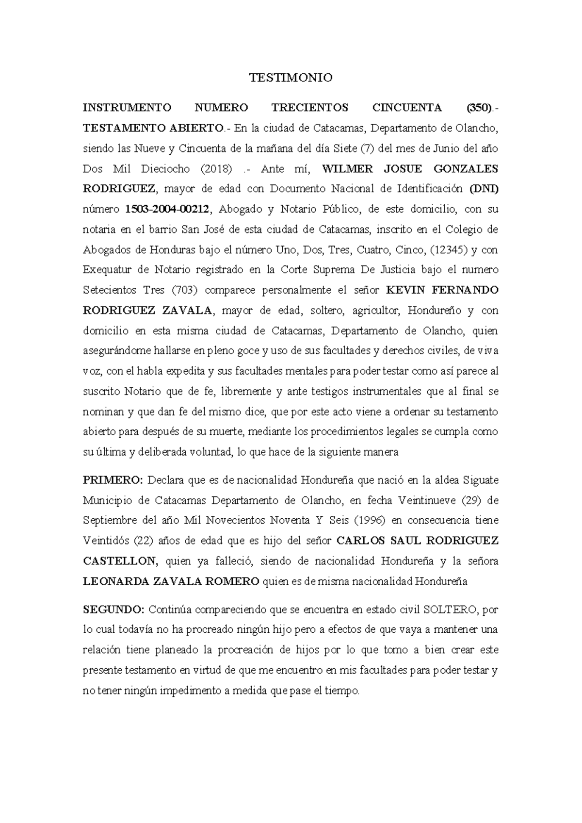 Testamento de Kevin Fernando Rodríguez Zavala - Catacamas 2018 - Studocu