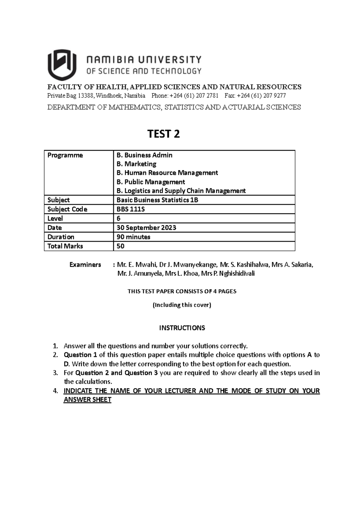 TEST 2 2023: Basic Business Statistics BBS - Exam Paper - Studocu