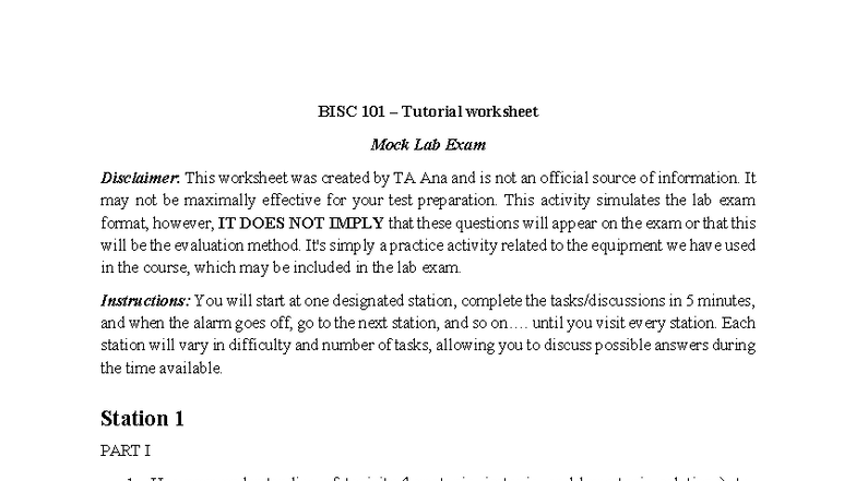 BISC 101 Mock Lab Exam Practice Worksheet by TA Ana - Studocu