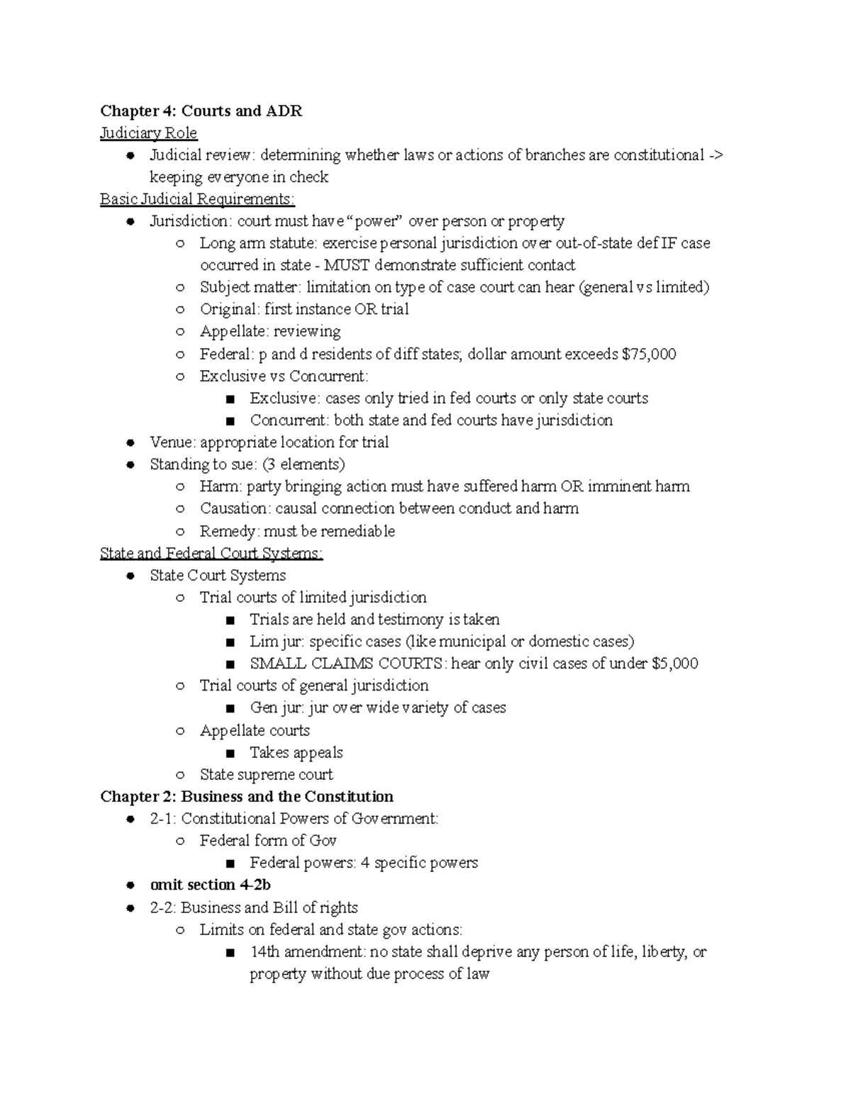BLaw Notes: Chapter 4 - Courts, ADR, and Judicial Review Insights - Studocu