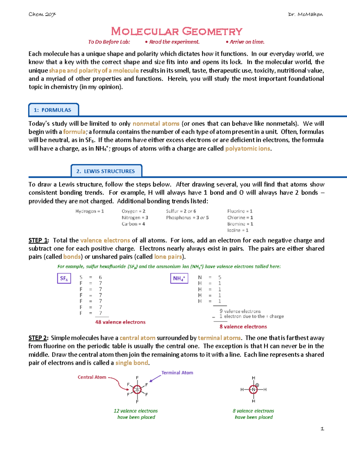 Chem 207 Dr. McMahon Molecular Geometry Lab Preparation Guide - Studocu