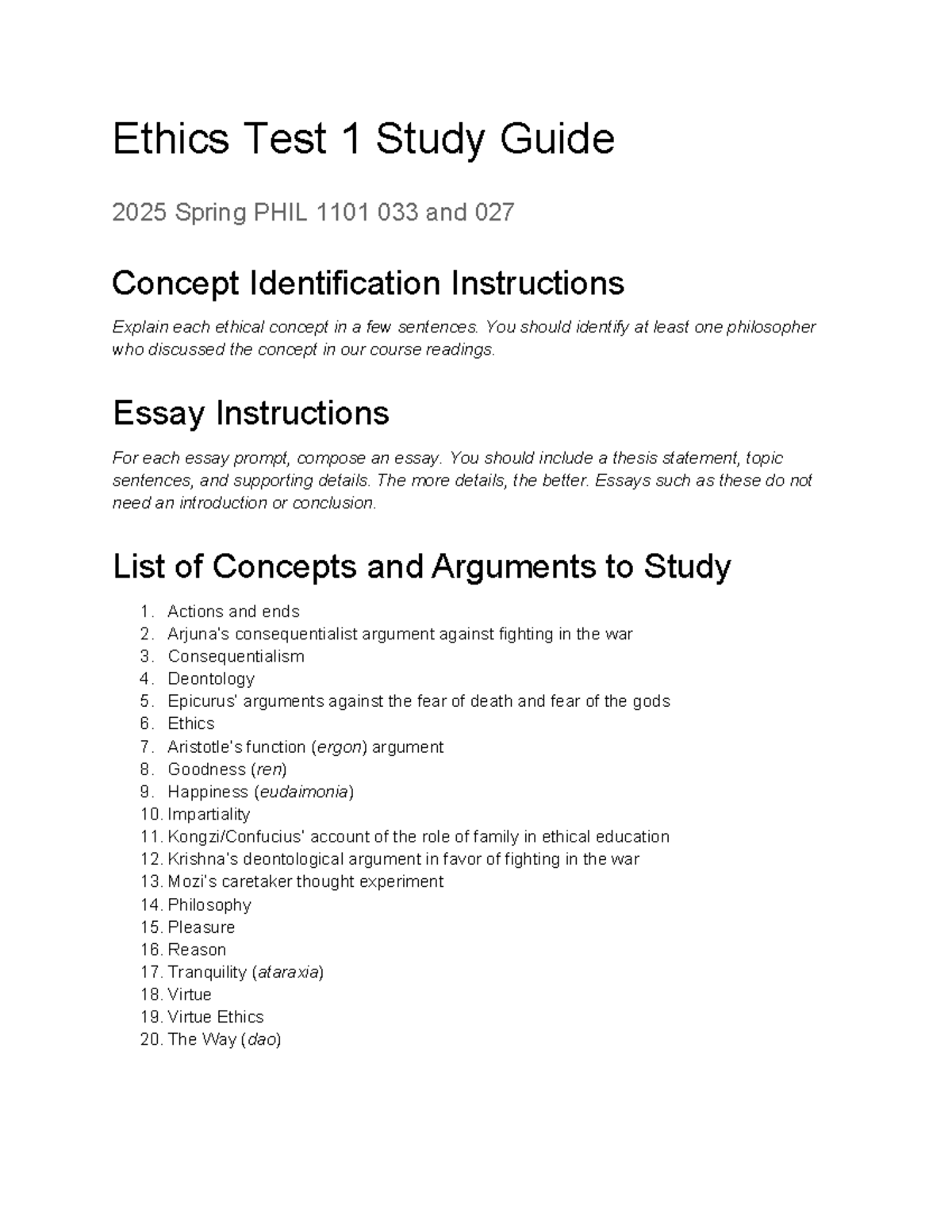 Ethics Test 1 Study Guide - PHIL 1101 033 & 027 (Spring 2025) - Ethics ...