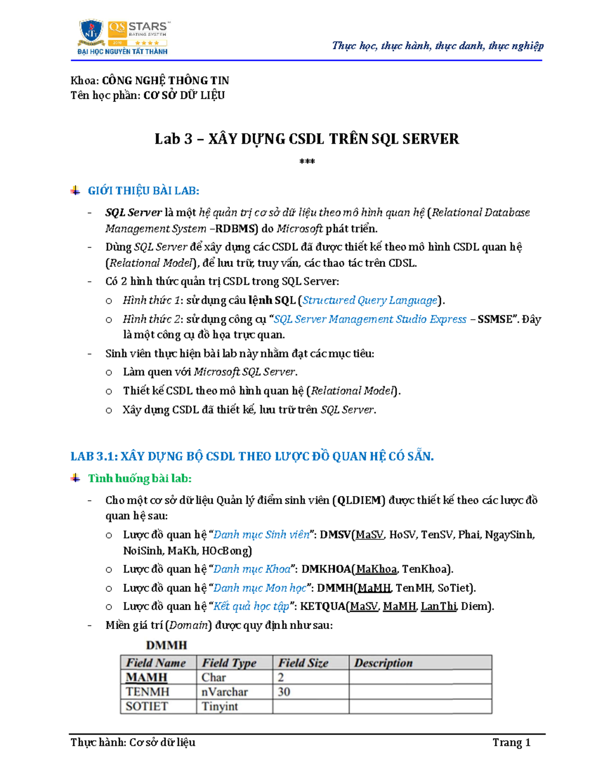 Lab 3 - Xây Dựng CSDL Trên SQL Server (Cơ Sở Dữ Liệu CNTT) - Studocu