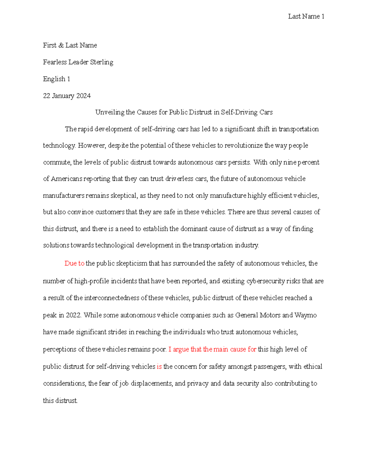 English 1 Essay #2: Causes of Public Distrust in Autonomous Vehicles ...