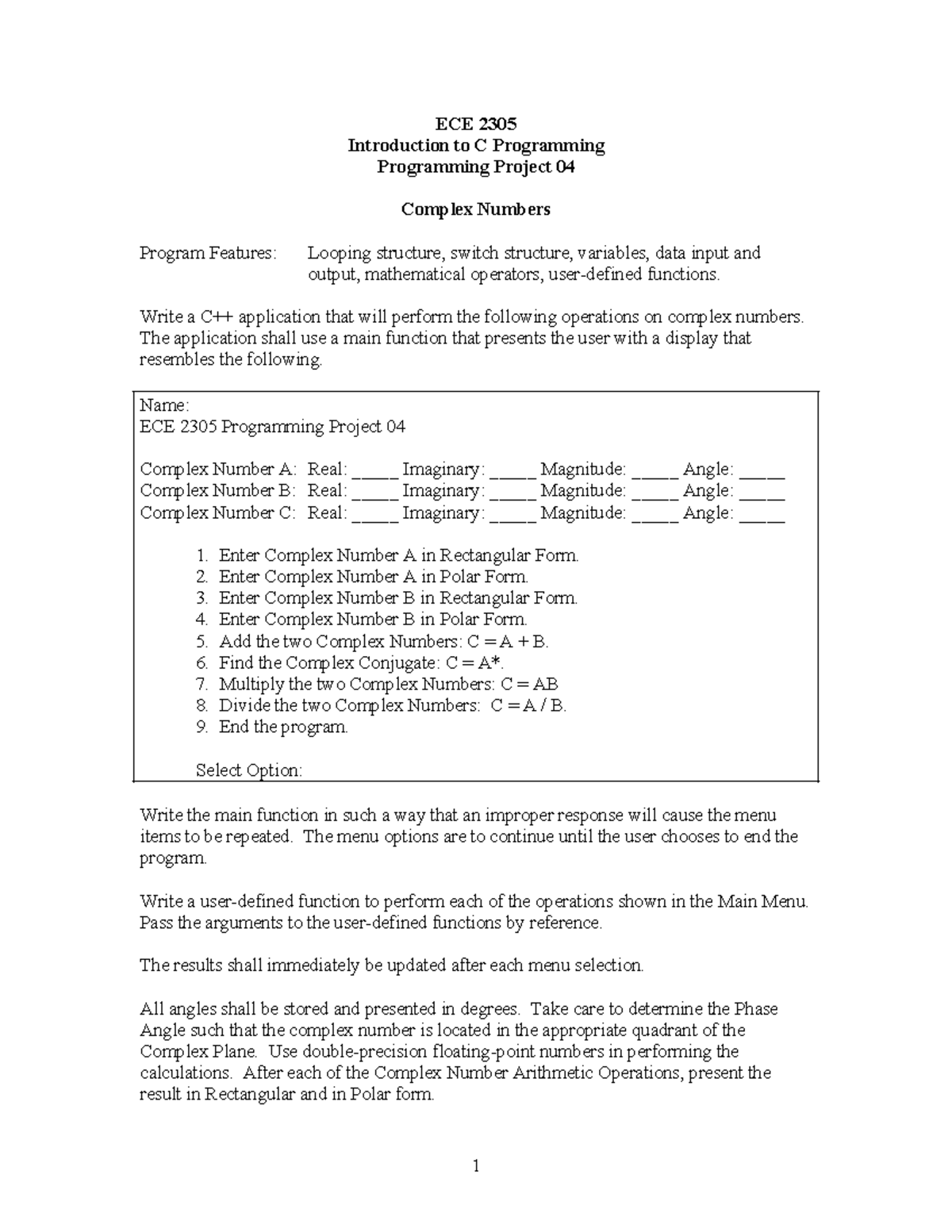 ECE 2305 Programming Project 04: Complex Numbers Application - Studocu