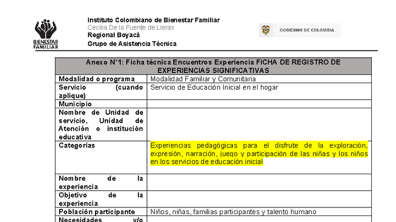 Formato de Registro de Experiencias Significativas - ICBF Boyacá - Studocu