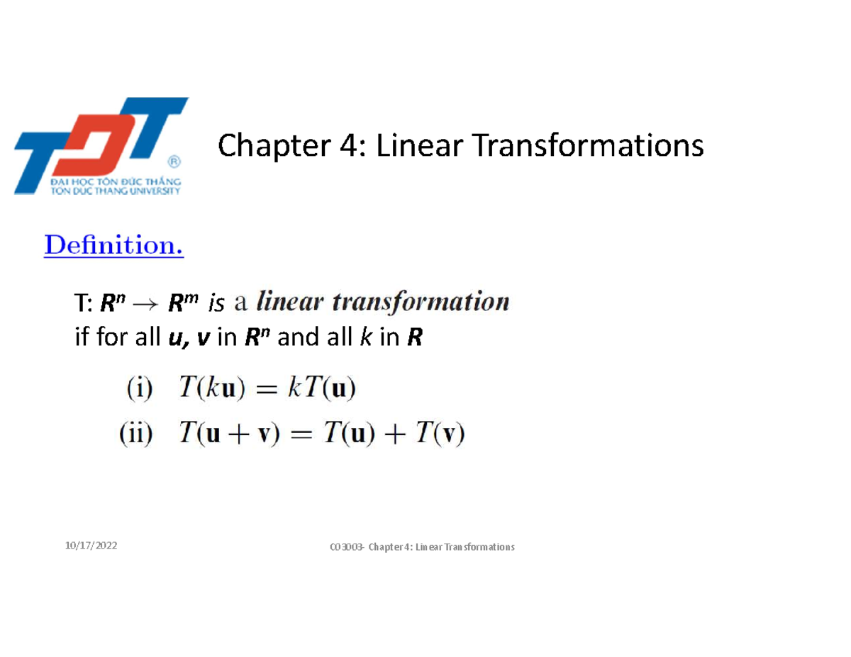 Chapter 4: Linear Transformations Overview and Key Concepts - Studocu