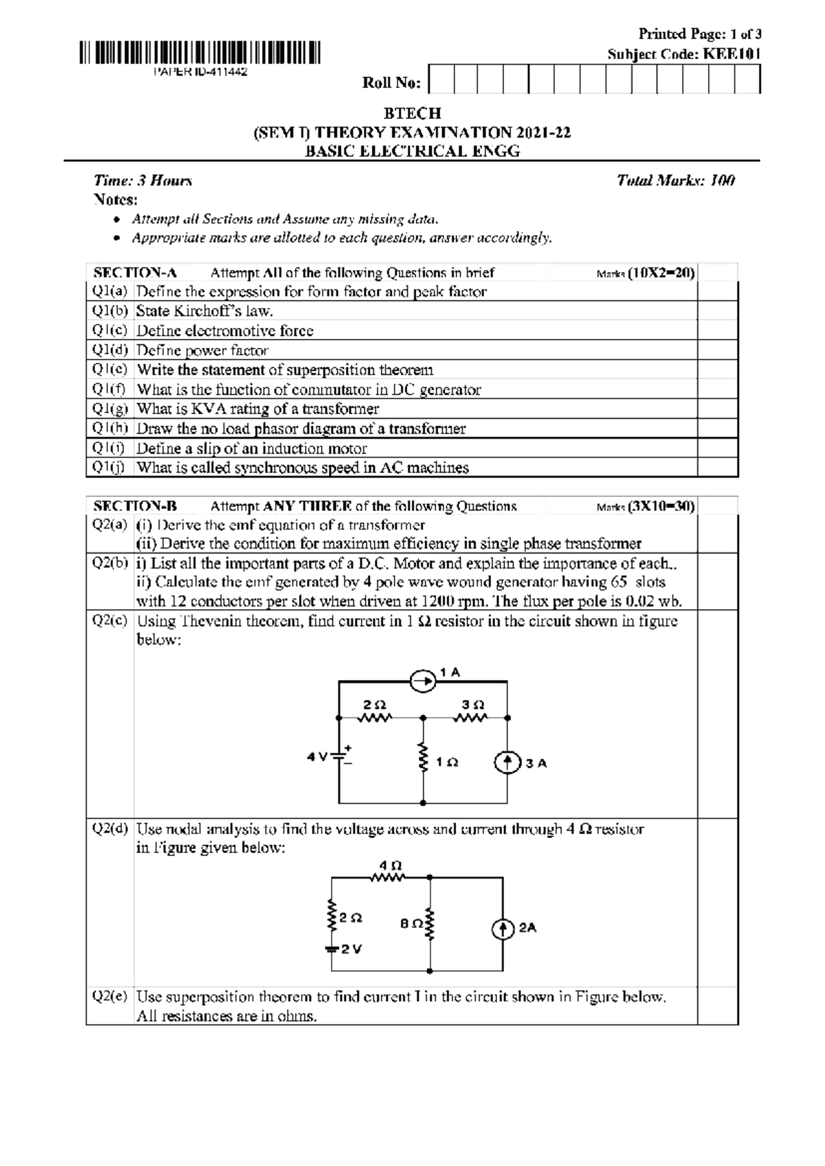 Btech 1 sem basic electrical engg kee101 2022 - Basic Electrical ...
