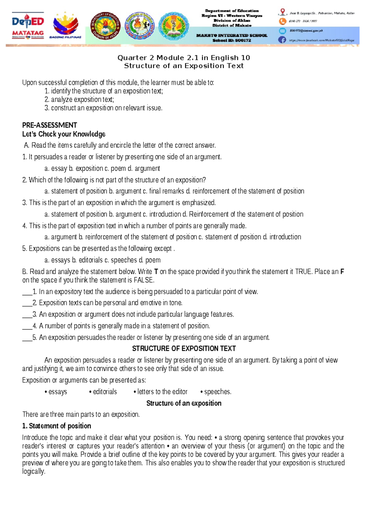 ENG10 Q2 M2 Exposition Text Structure and Analysis Guide - Studocu