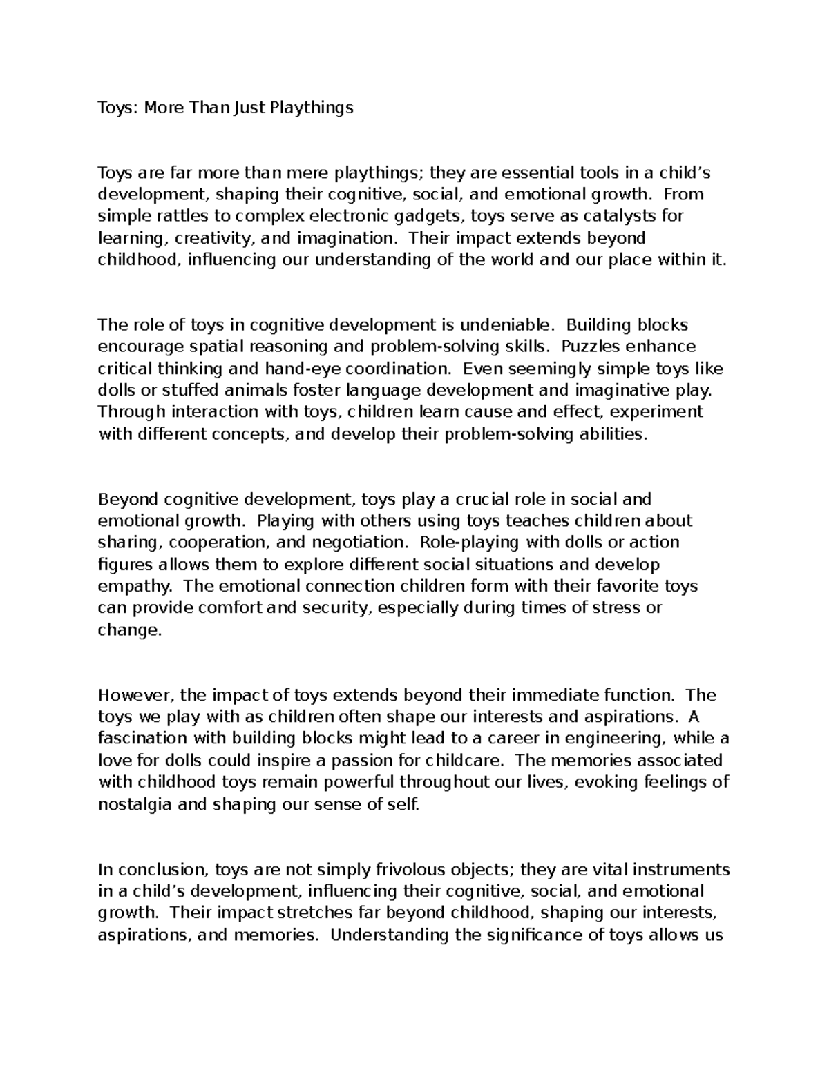 Toys: Essential Tools for Cognitive & Emotional Development Essay - Studocu