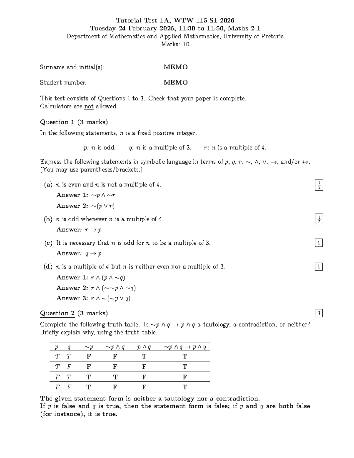 WTW 115 S1 2026 Tutorial Test 1 Memo Analysis - Studocu