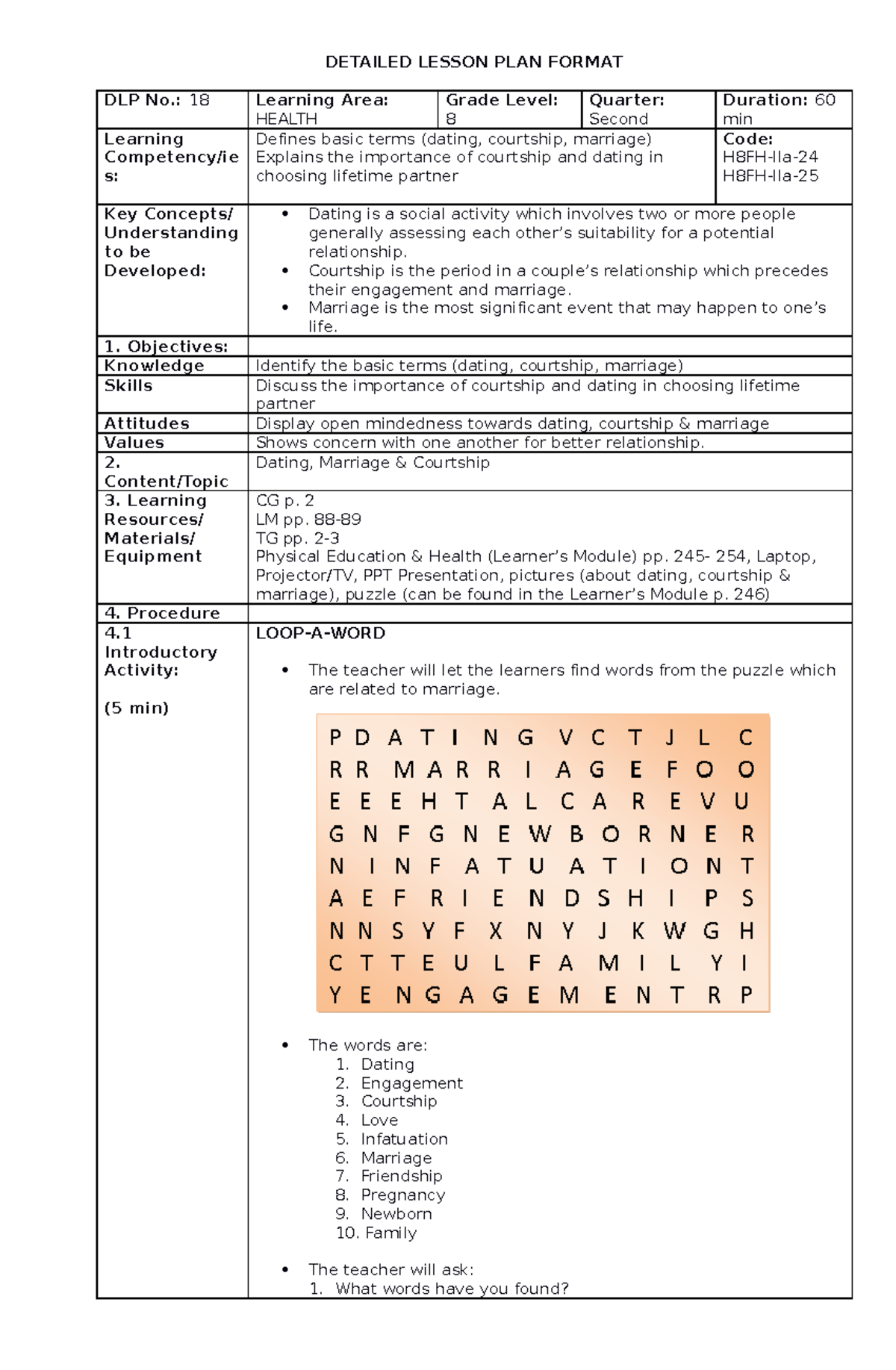 Health 18 - DLP MAPEH 7 - DETAILED LESSON PLAN FORMAT DLP No.: 18 Learning Area: HEALTH Grade ...