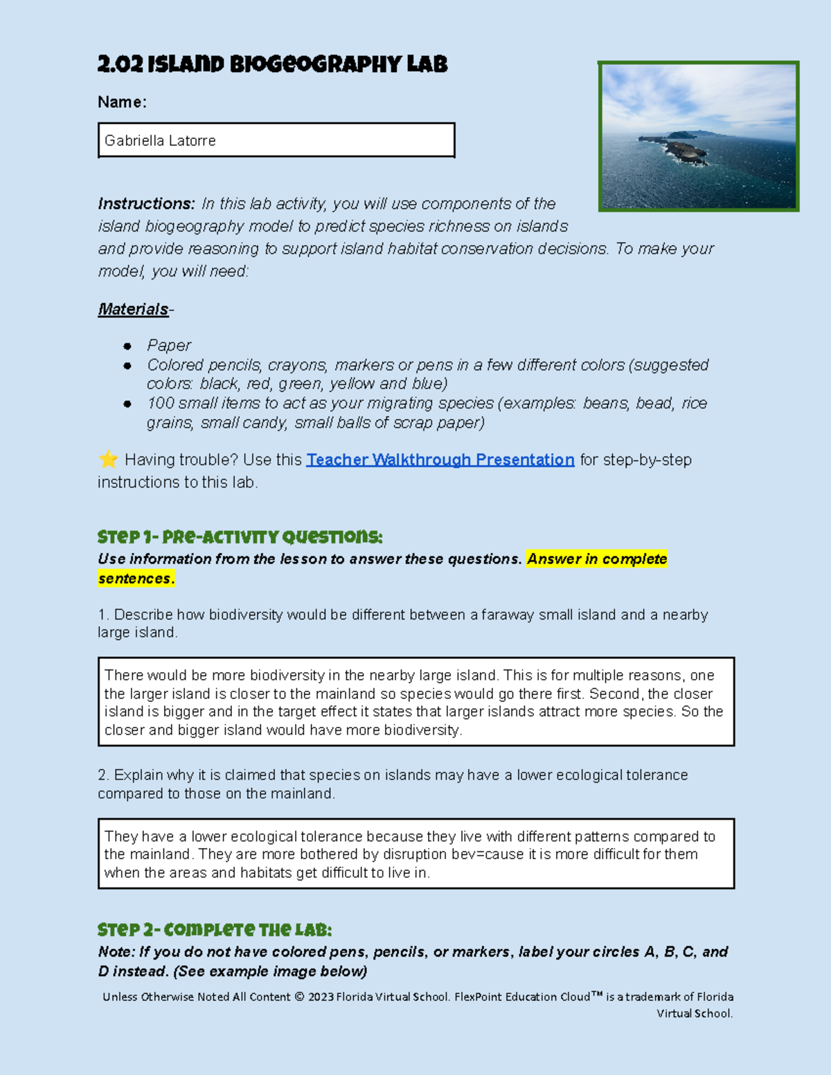 Island Biogeography Lab ES 2.02: Exploring Species Richness - Studocu
