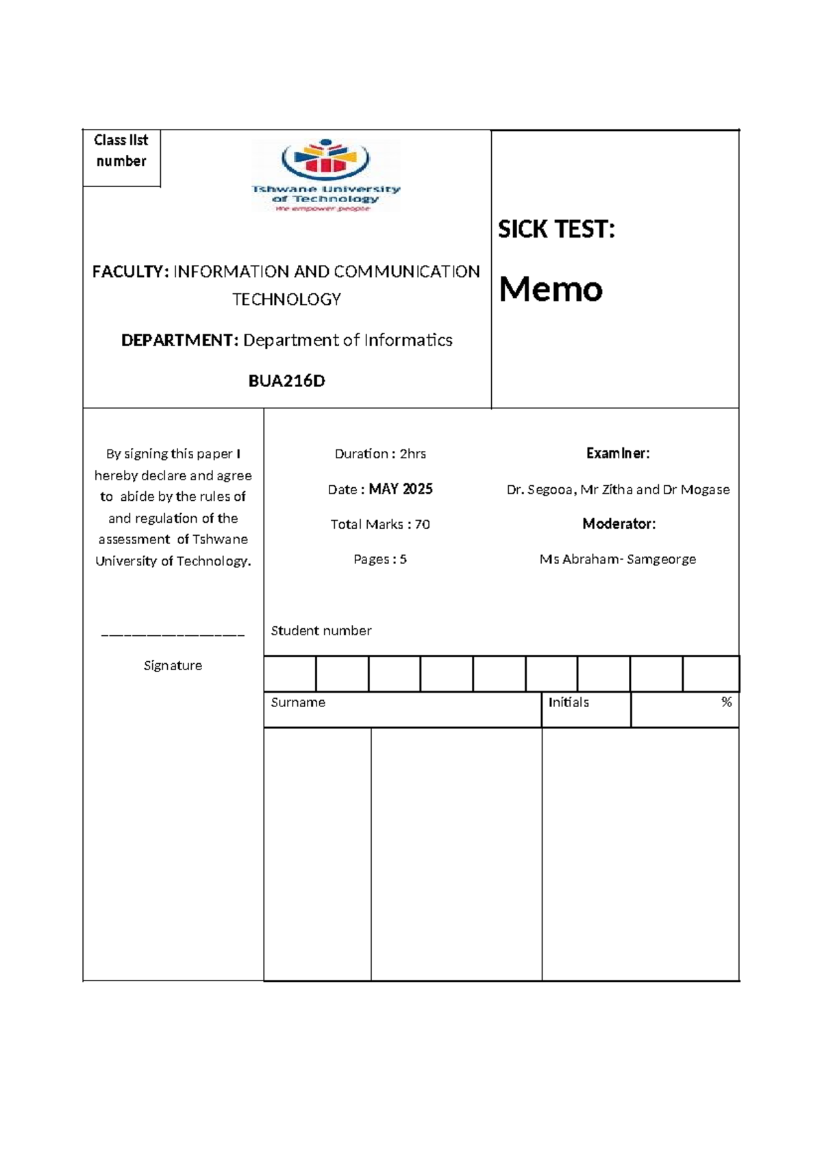 BUA216D SICK TEST MEMO: ICT Faculty Assessment Overview - Studocu
