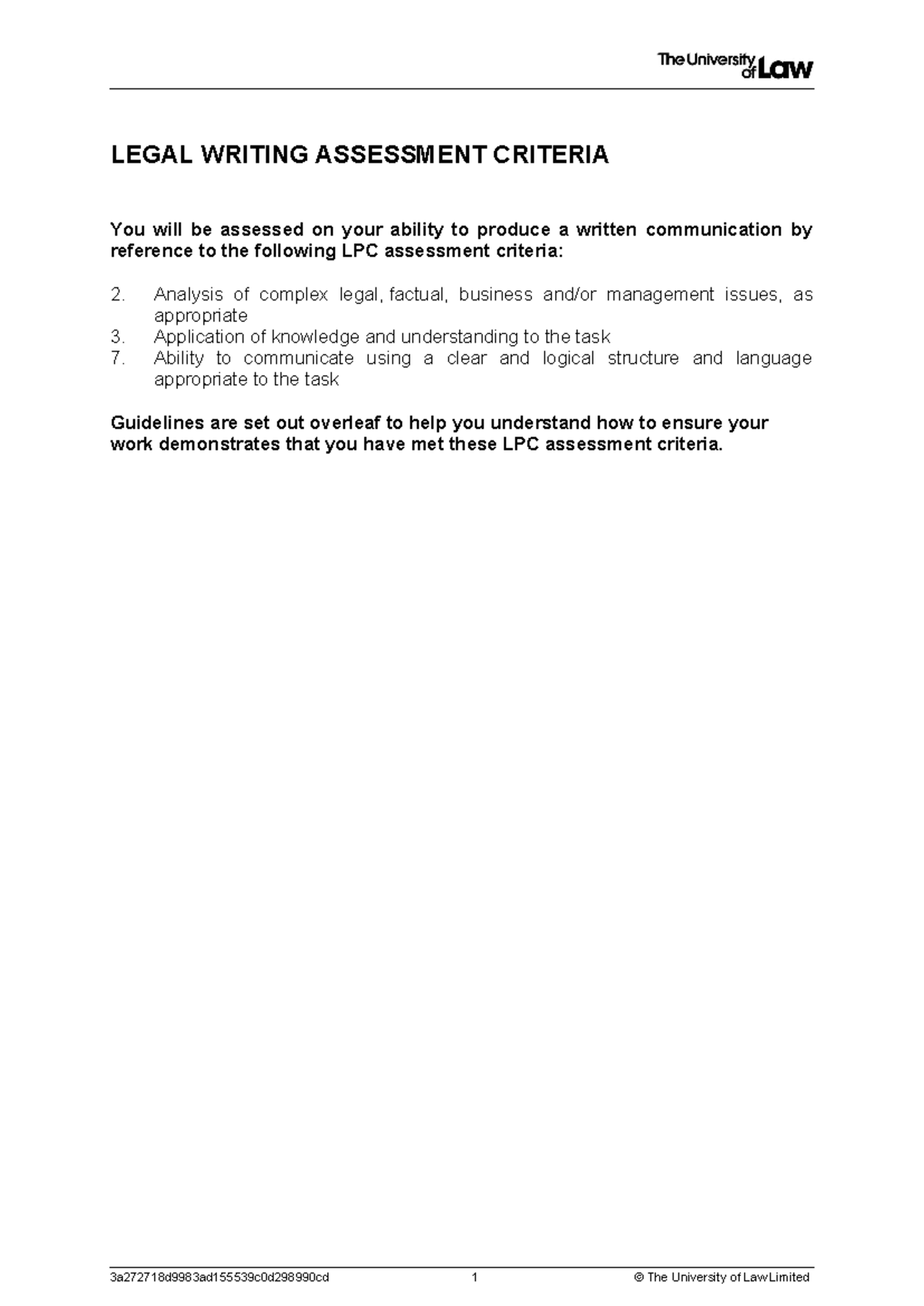 LW Assessment Guidance: Legal Writing Criteria & Best Practices - Studocu