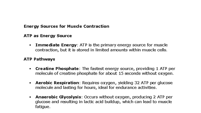 Energy Sources for Muscle Contraction: ATP & Fatigue Mechanisms - Studocu