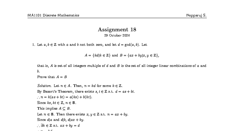 MA1101 Discrete Mathematics Assignment 18 Solutions - Studocu